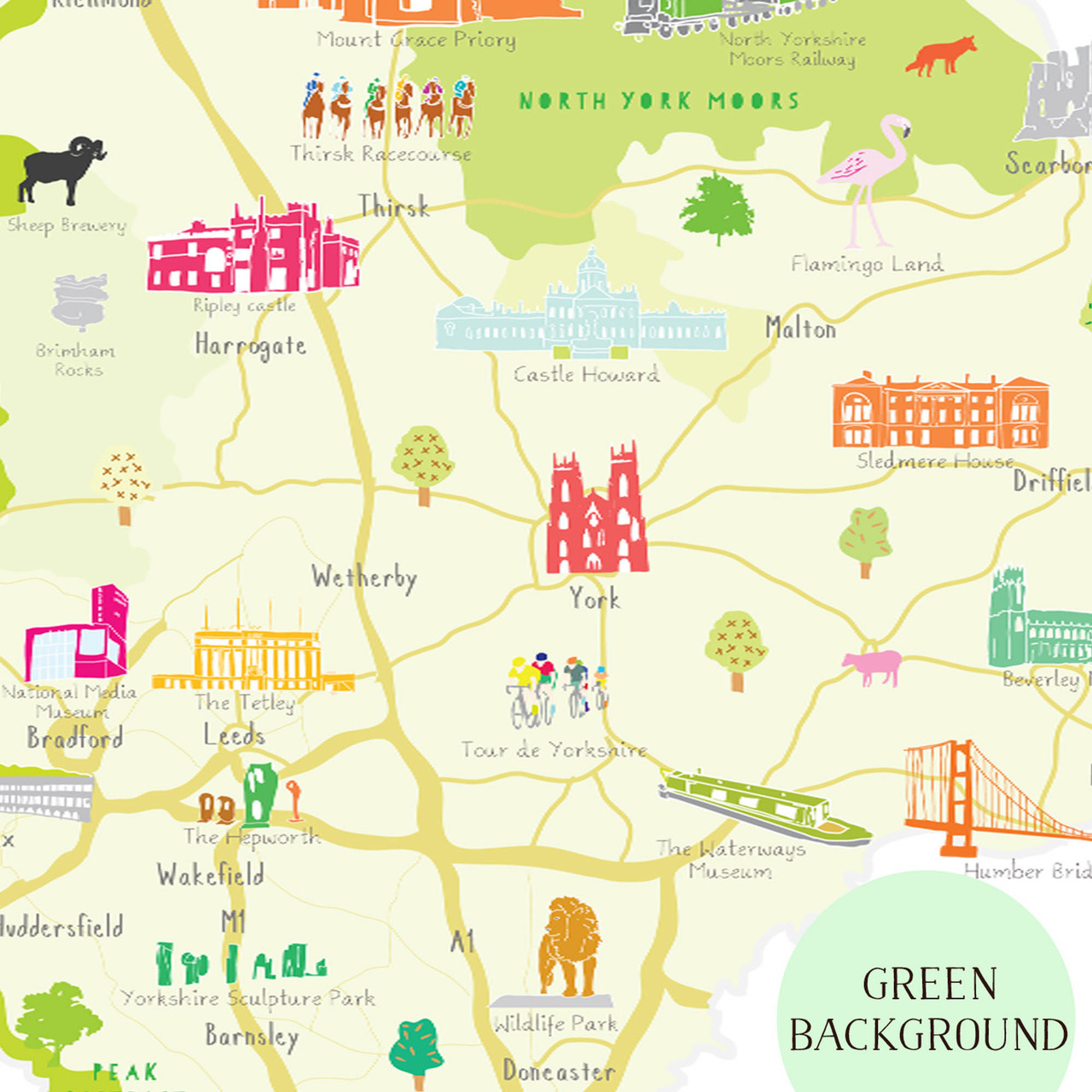Illustrated hand drawn Map of Yorkshire by UK artist Holly Francesca.