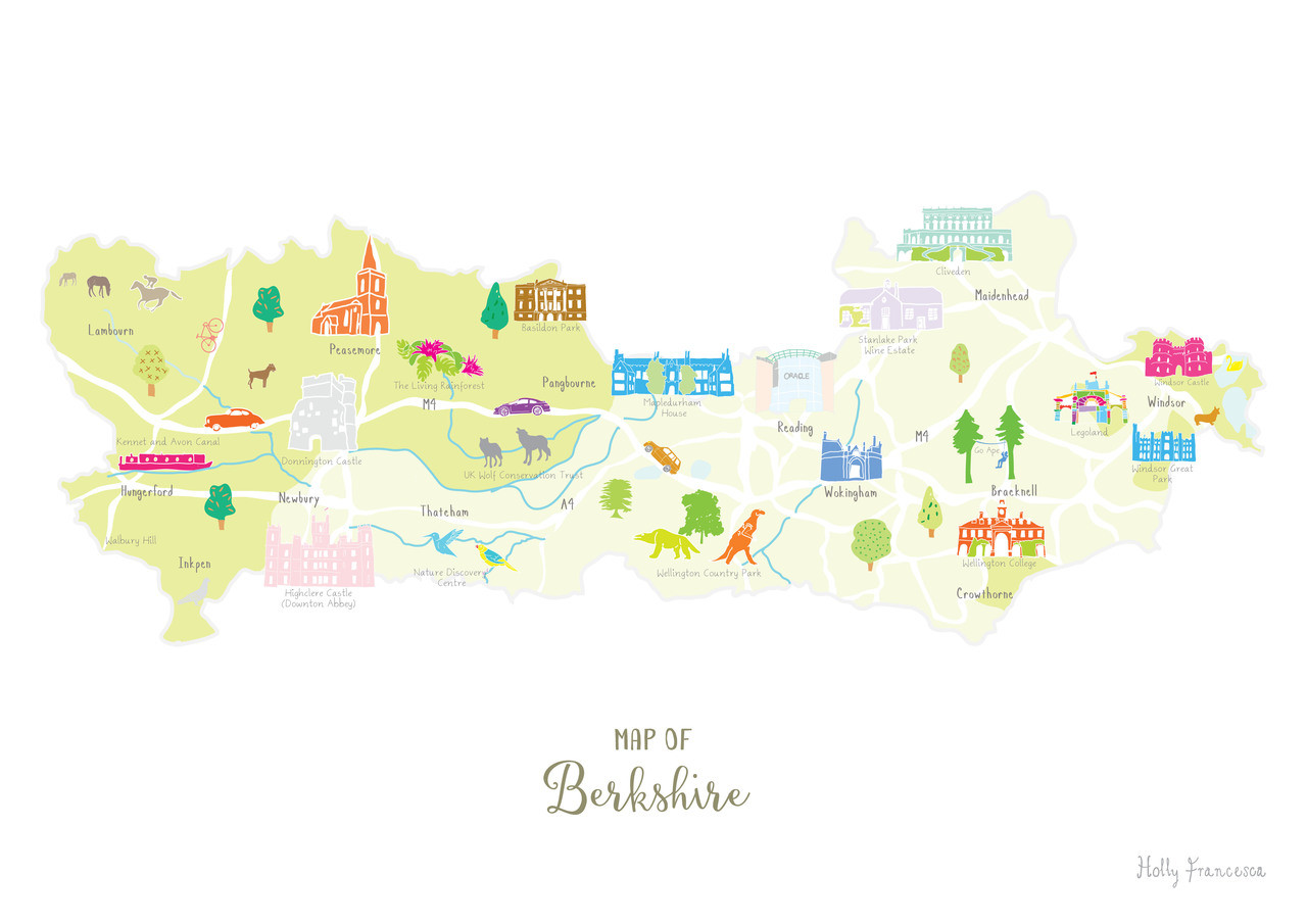 Illustrated hand drawn Map of Berkshire by UK artist Holly Francesca.