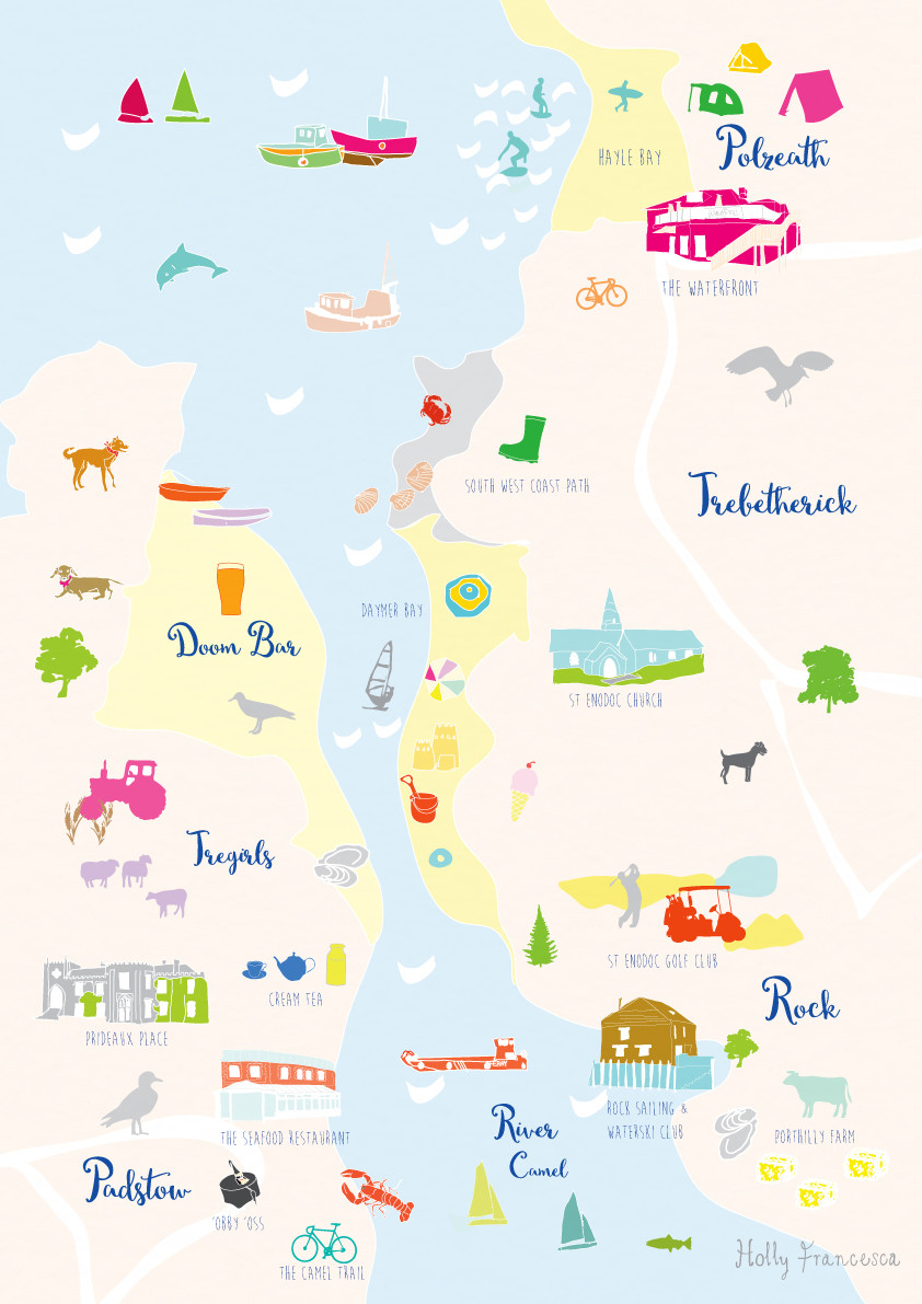 Illustrated hand drawn Map of Polzeath, Padstow & Rock art print by ...