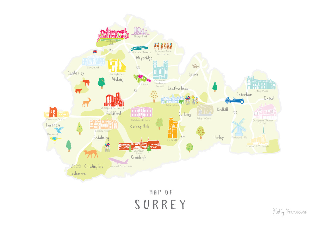 Illustrated hand drawn Map of Surrey by UK artist Holly Francesca.