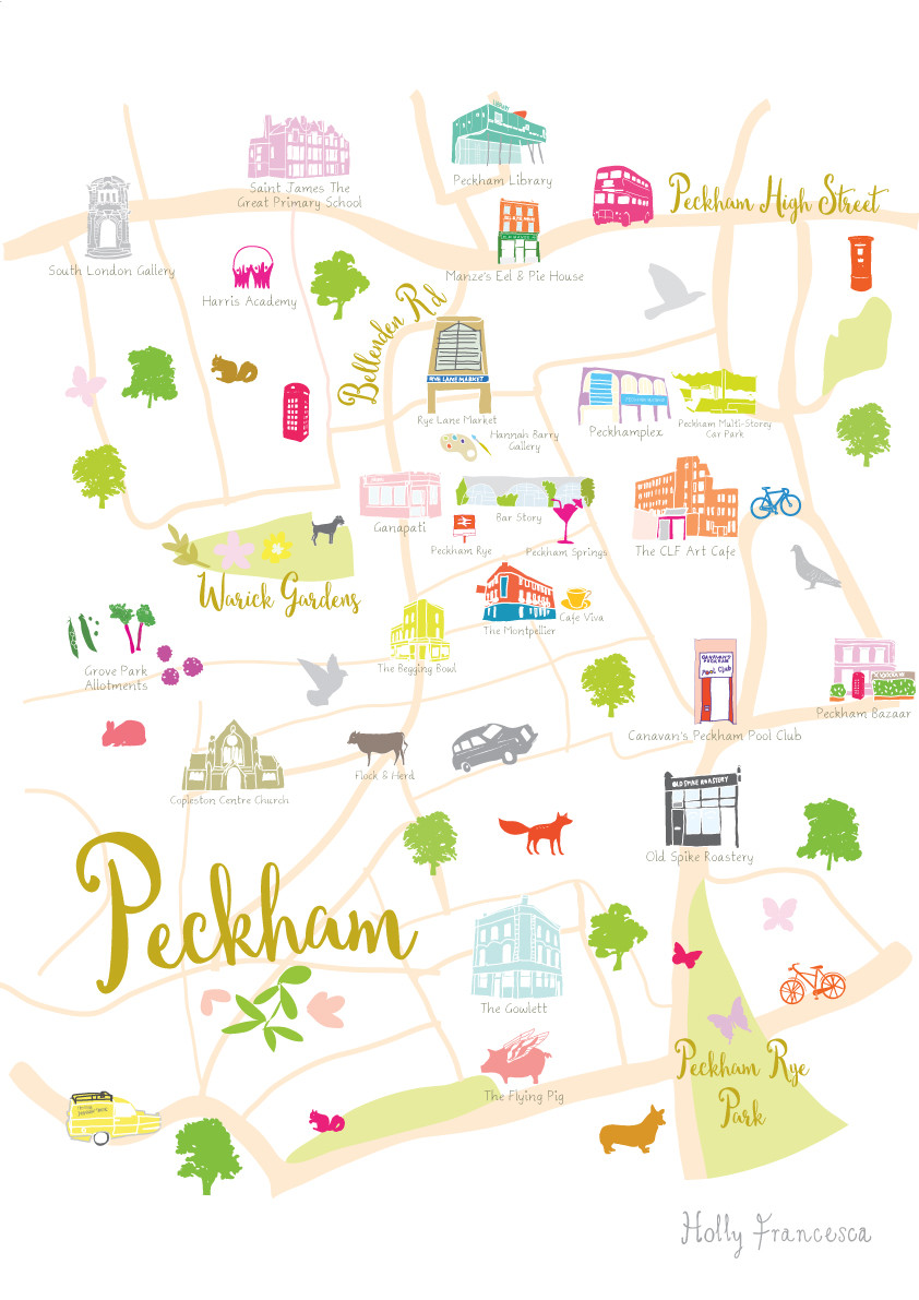 Illustrated hand drawn Map of Peckham art print by artist Holly Francesca.