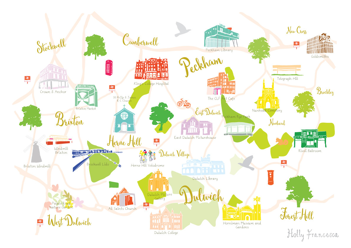Illustrated hand drawn Map of Dulwich, Brixton and Peckham art print by ...