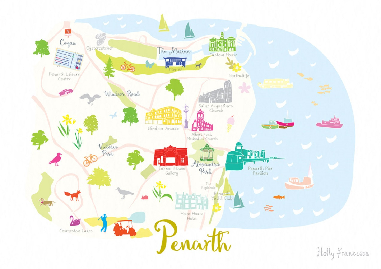 Illustrated hand drawn Map of Penarth art print by artist Holly Francesca.