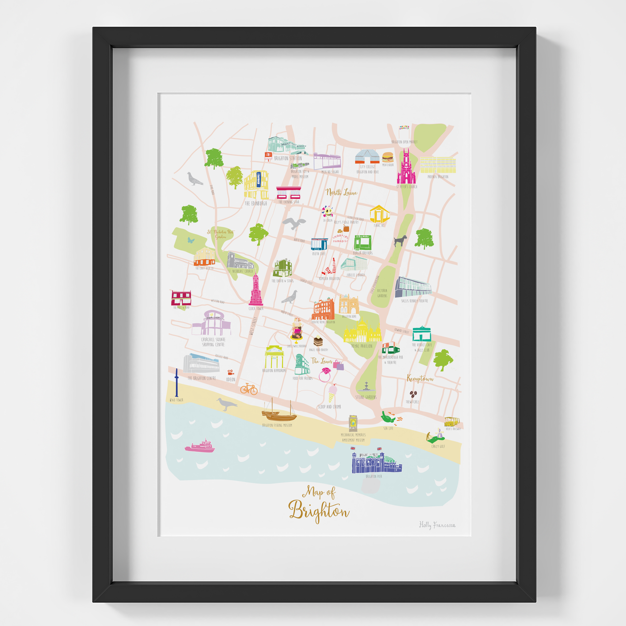 Illustrated hand drawn Map of Brighton art print by artist Holly Francesca.