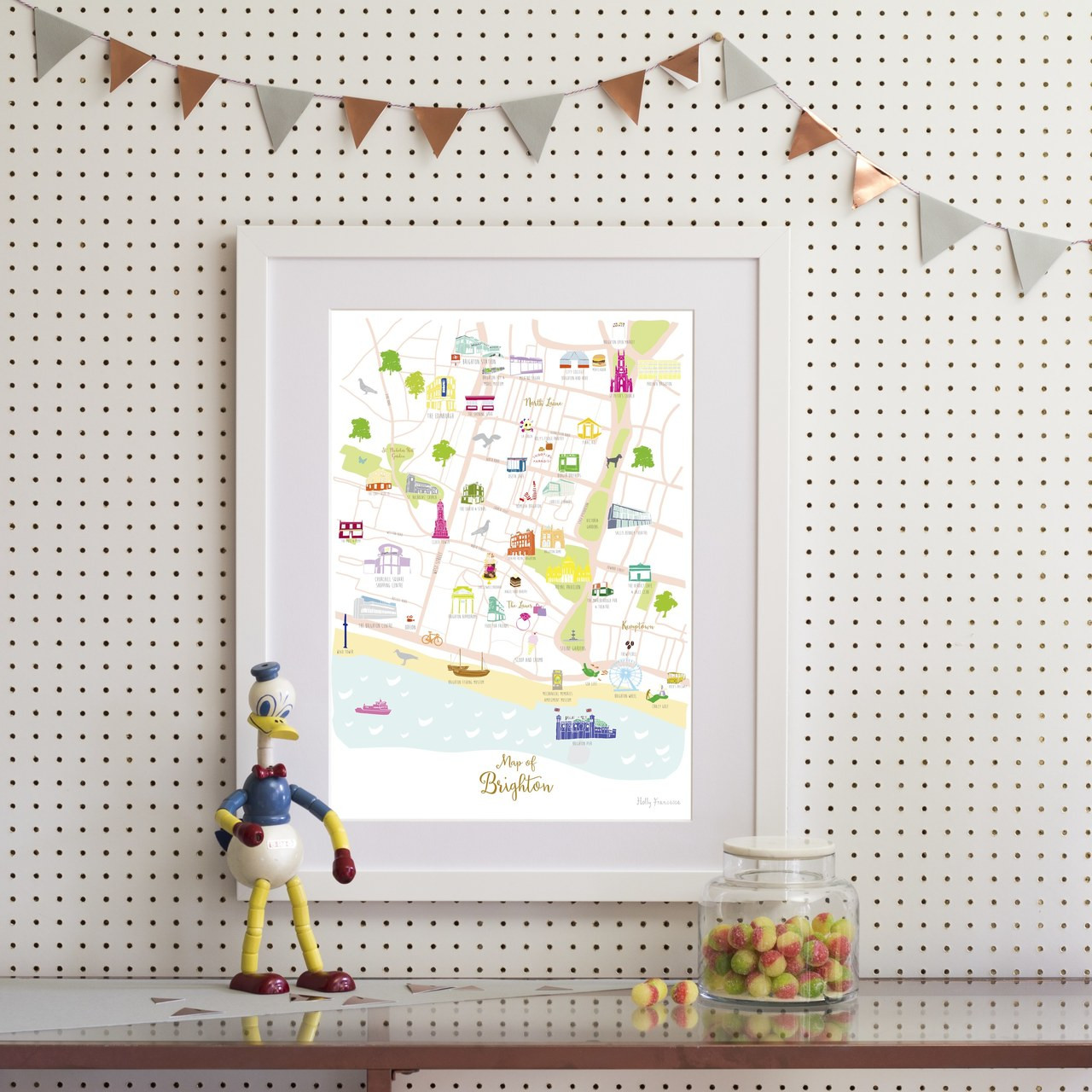 Illustrated hand drawn Map of Brighton art print by artist Holly Francesca.