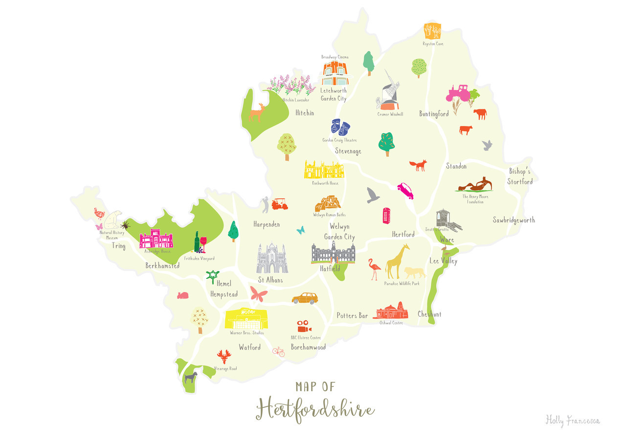Illustrated hand drawn Map of Hertfordshire by UK artist Holly Francesca.