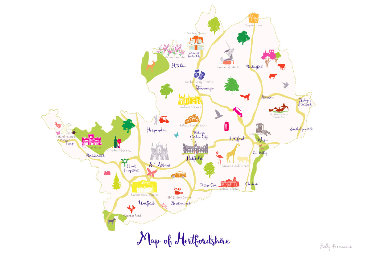 Illustrated hand drawn Map of Hertfordshire by UK artist Holly Francesca.