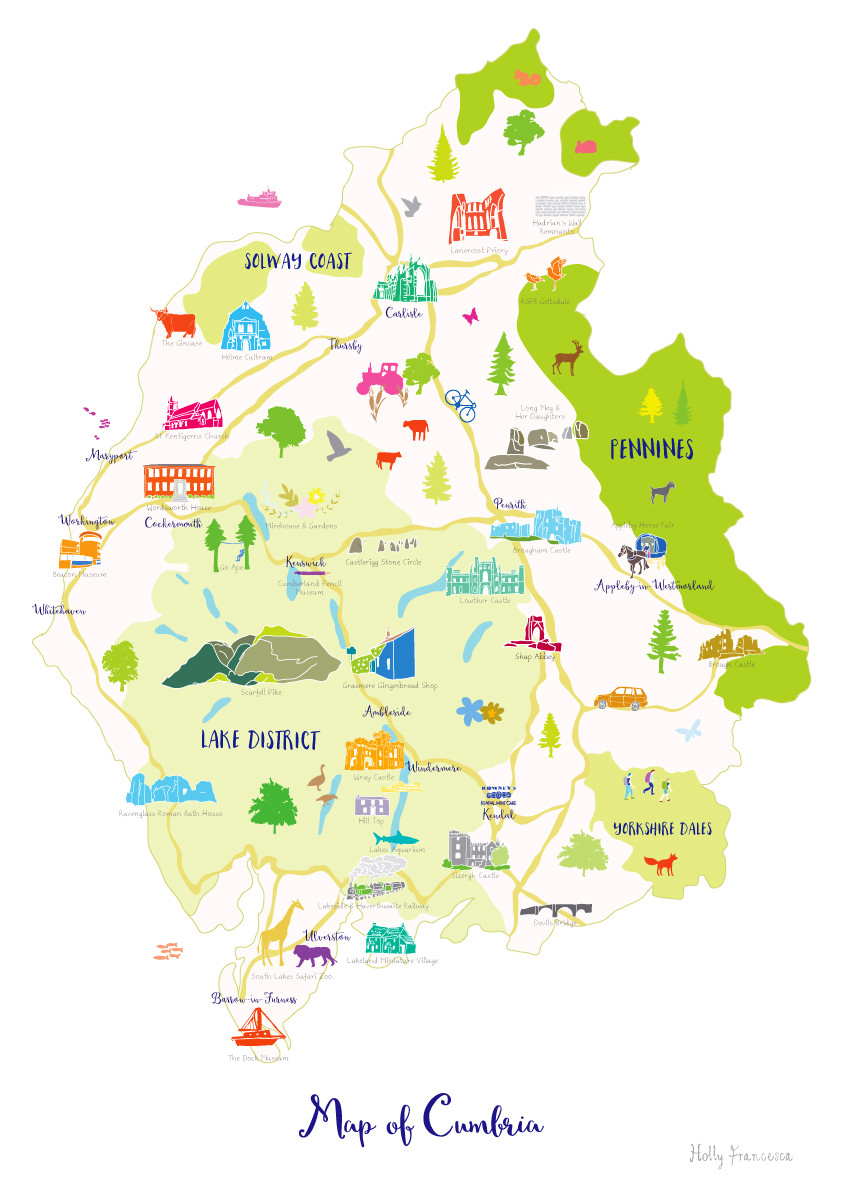 Illustrated hand drawn Map of Cumbria and The Lake District by UK ...