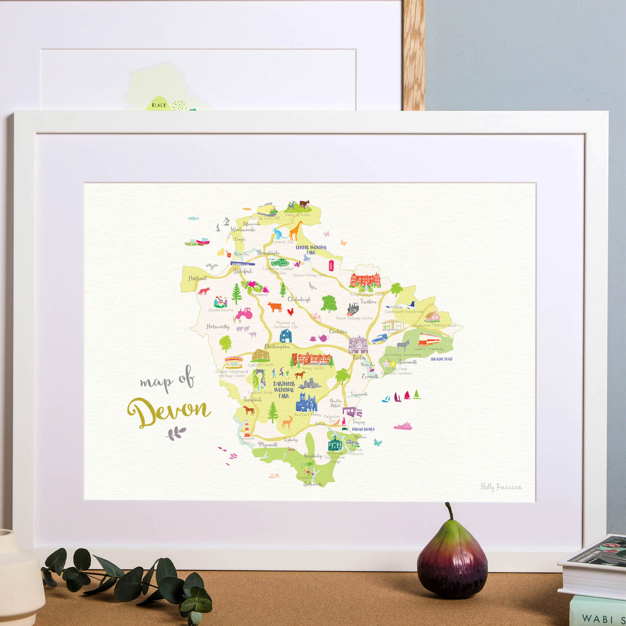 Illustrated hand drawn Map of Devon by UK artist Holly Francesca.