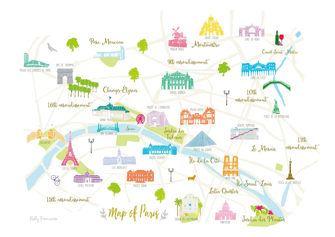 Illustrated hand drawn Map of Paris art print by artist Holly Francesca.