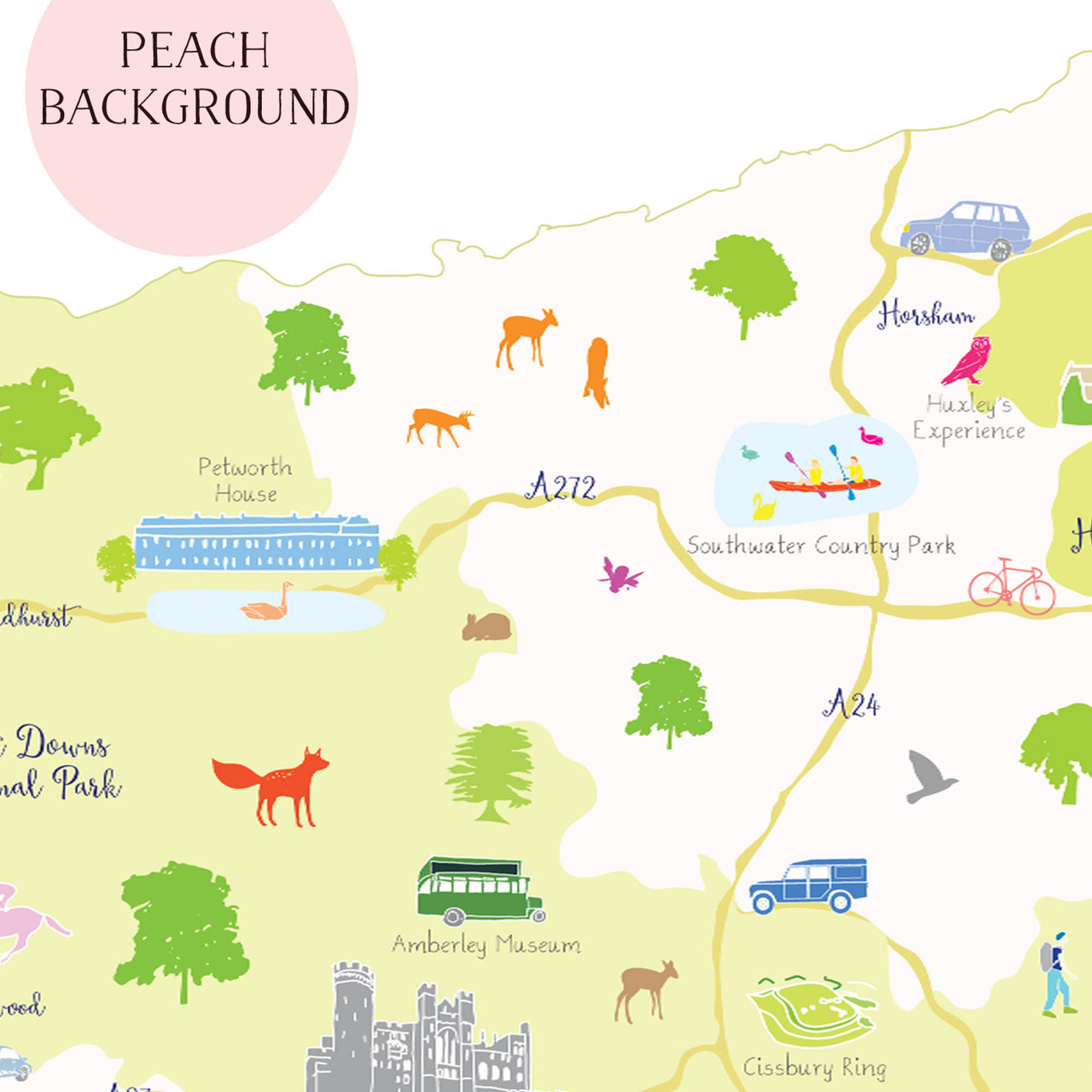 Illustrated Hand Drawn Map Of West Sussex By Uk Artist Holly Francesca