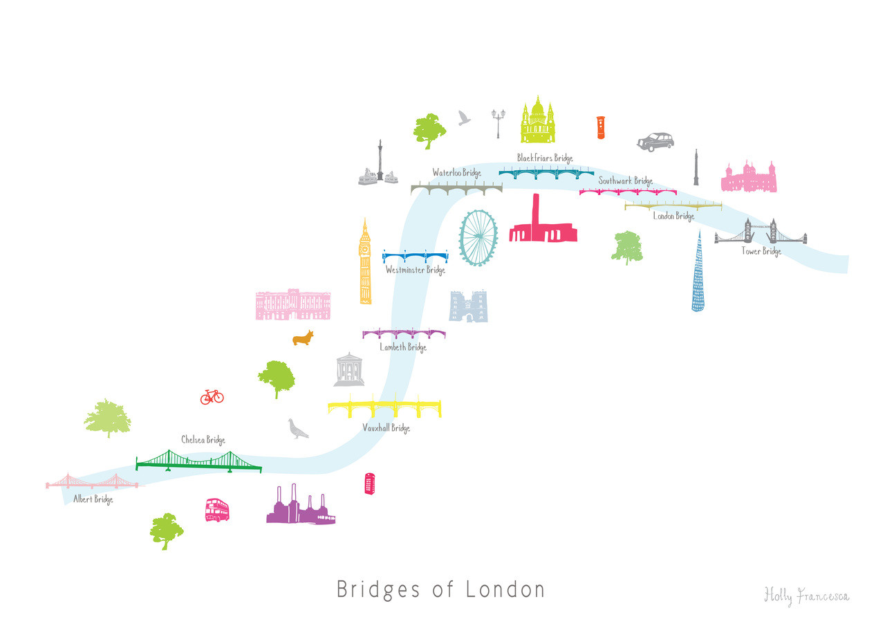 Illustrated hand drawn Map of the Bridges of London art print by artist ...