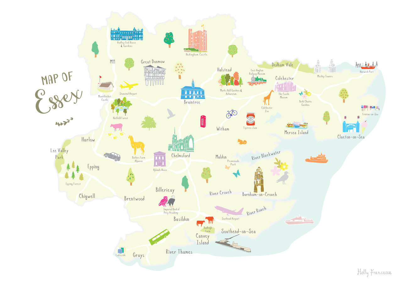 Illustrated hand drawn Map of Essex by UK artist Holly Francesca.