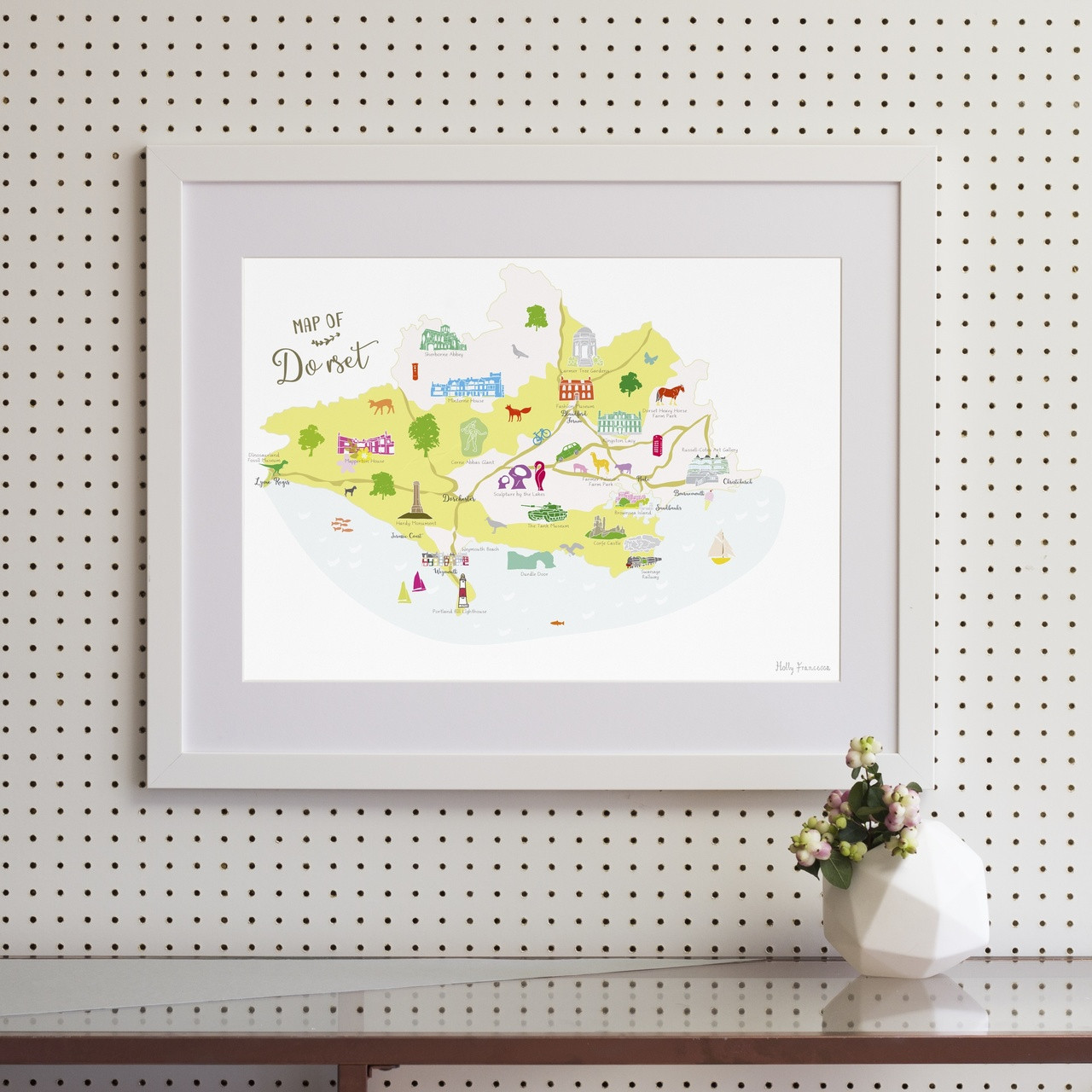 Illustrated hand drawn Map of Dorset by UK artist Holly Francesca.