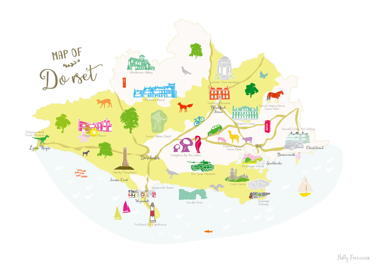 Illustrated hand drawn Map of Dorset by UK artist Holly Francesca.