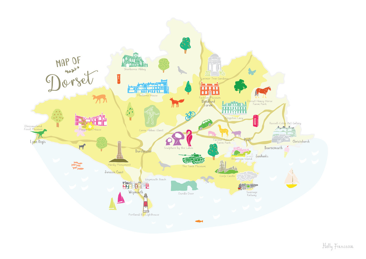 Illustrated hand drawn Map of Dorset by UK artist Holly Francesca.
