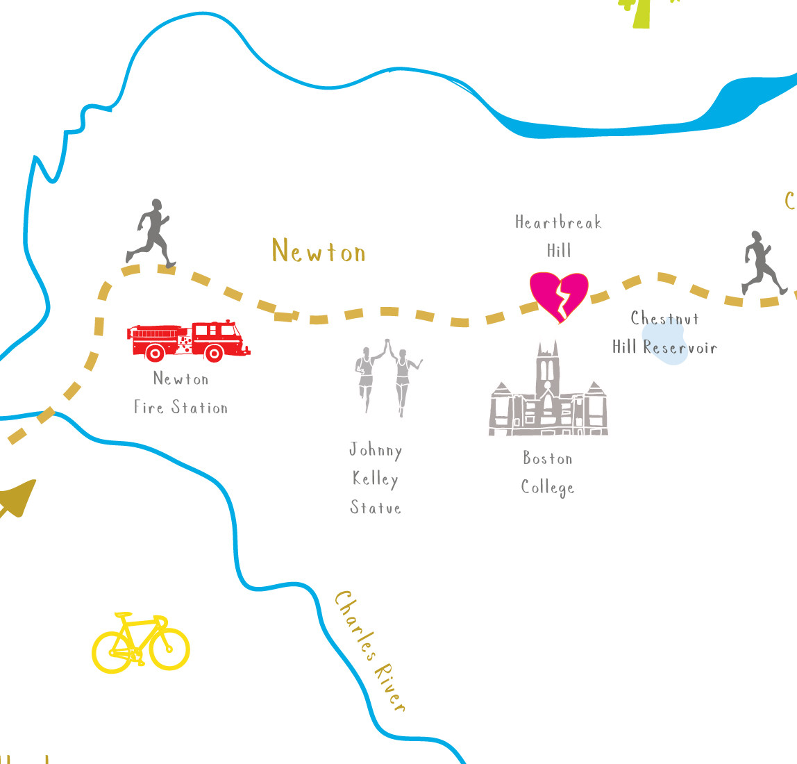 Illustrated hand drawn Boston Marathon Route Map art print by artist ...