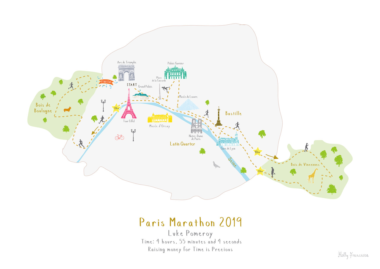 Illustrated hand drawn Paris Marathon Route Map art print by artist ...