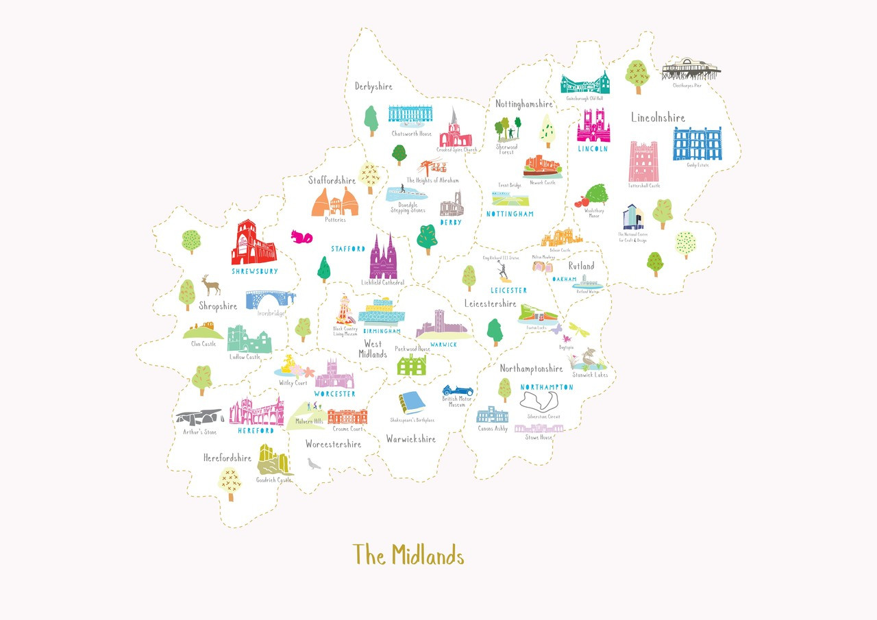 Illustrated hand drawn Map of The Midlands by UK artist Holly Francesca.