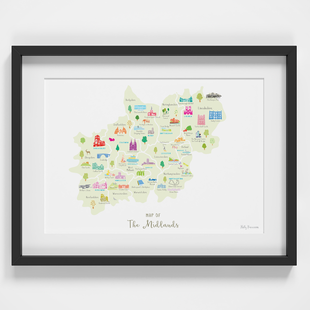 Illustrated hand drawn Map of The Midlands by UK artist Holly Francesca.