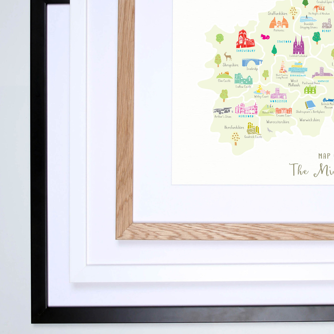 Illustrated hand drawn Map of The Midlands by UK artist Holly Francesca.