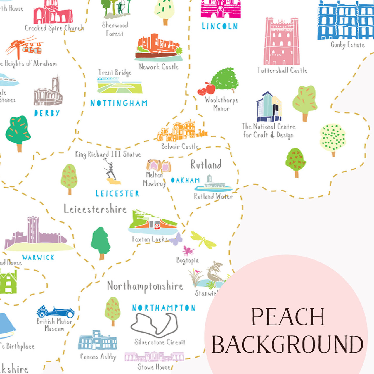 Illustrated hand drawn Map of The Midlands by UK artist Holly Francesca.