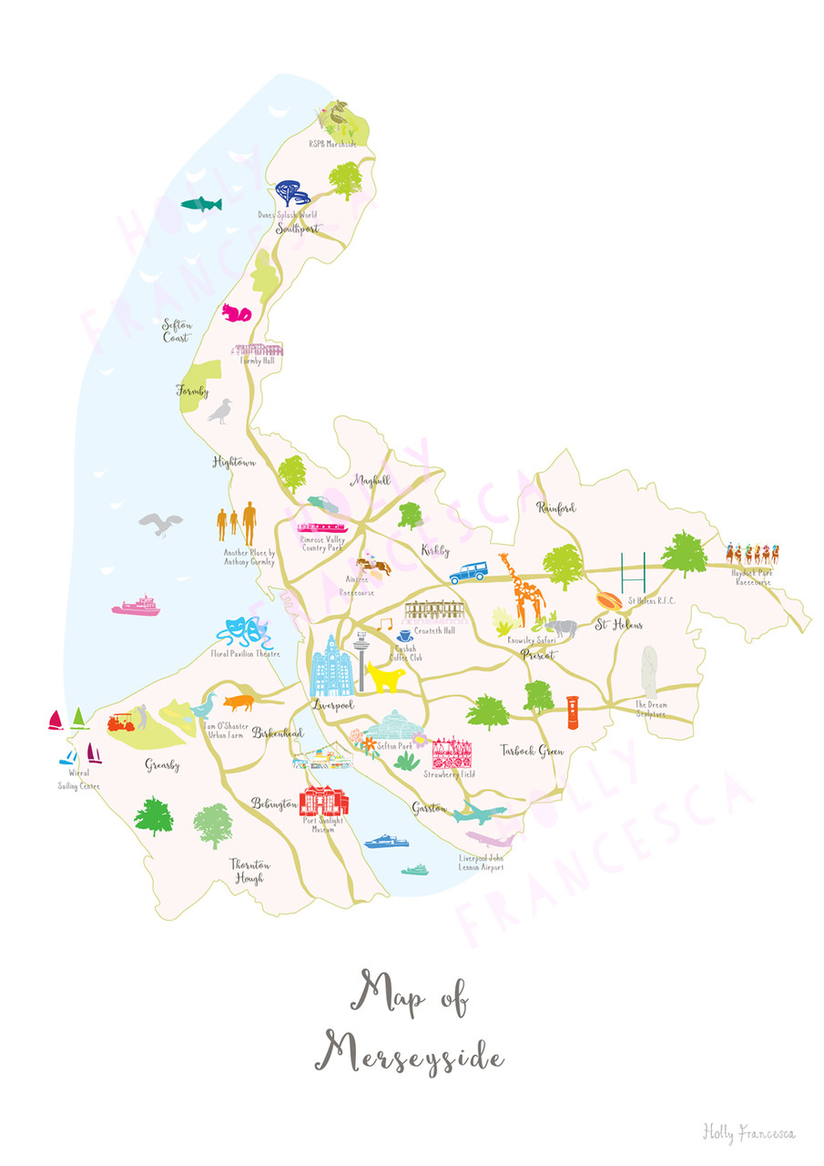 Illustrated hand drawn Map of Merseyside by UK artist Holly Francesca.