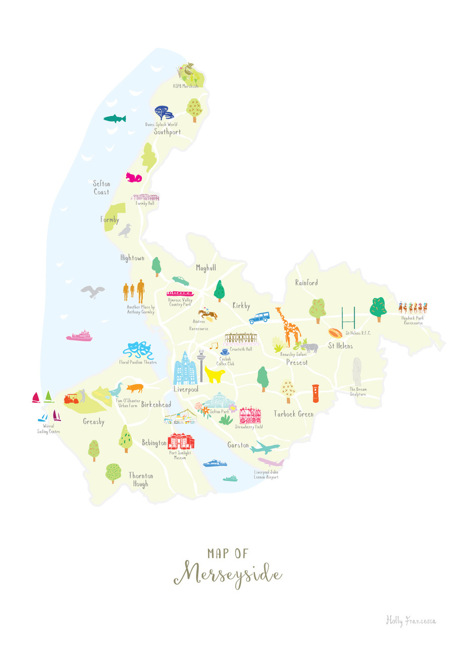 Illustrated hand drawn Map of Merseyside by UK artist Holly Francesca.