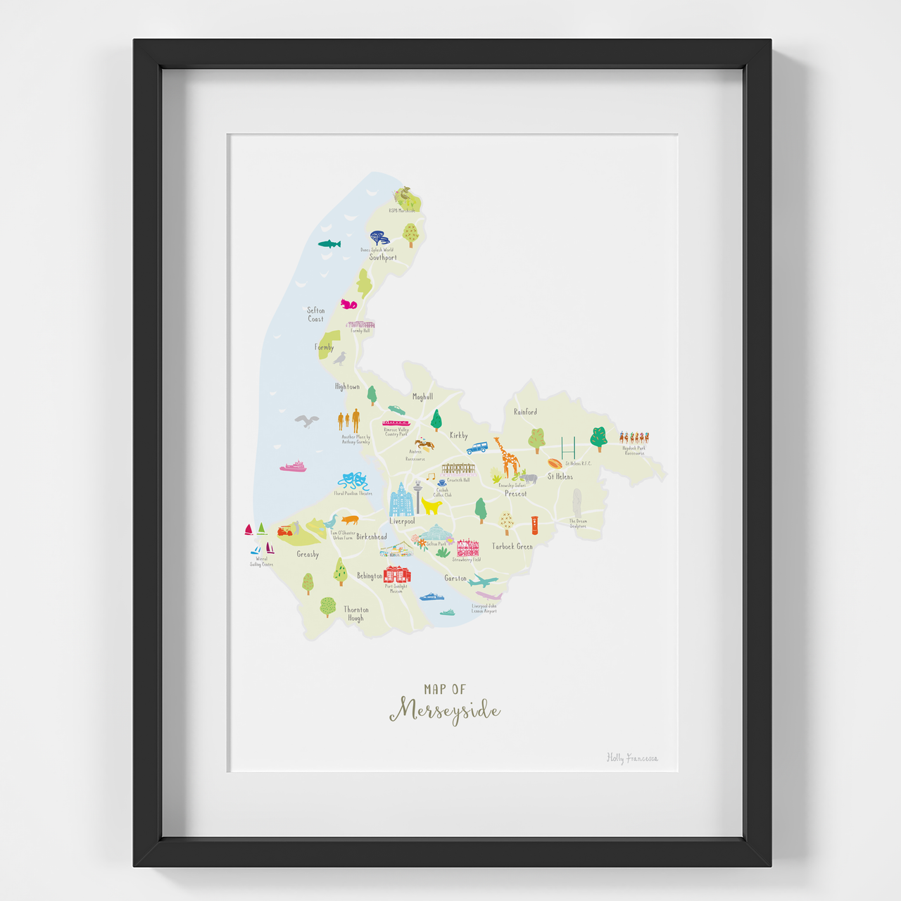 Illustrated hand drawn Map of Merseyside by UK artist Holly Francesca.