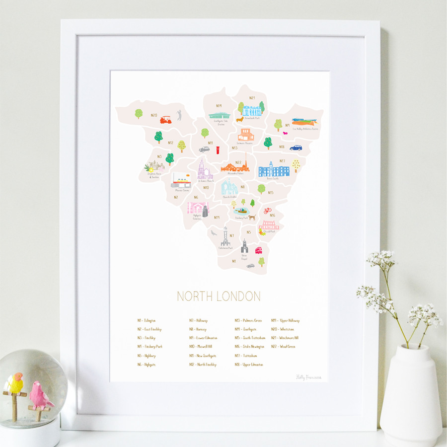 Illustrated hand drawn Map of North London Postcodes art print by ...