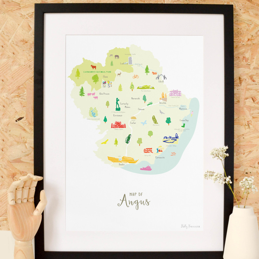 Illustrated hand drawn Map of Angus art print by artist Holly Francesca.