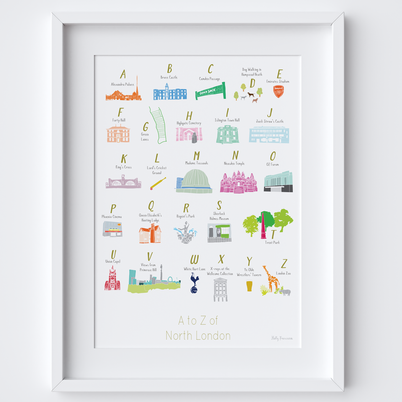 Illustrated hand drawn A to Z North London Alphabet art print by artist ...