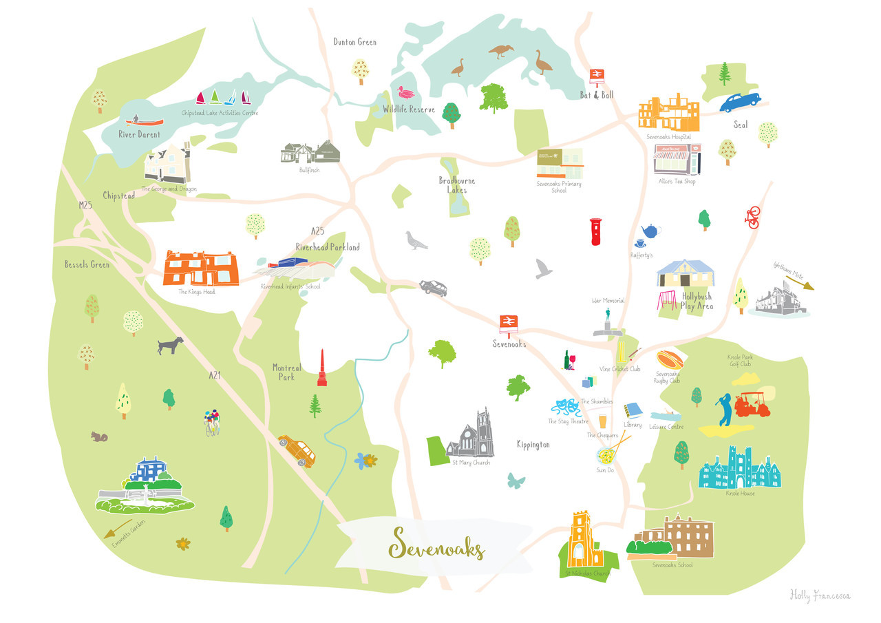 Illustrated hand drawn Map of Sevenoaks by UK artist Holly Francesca.