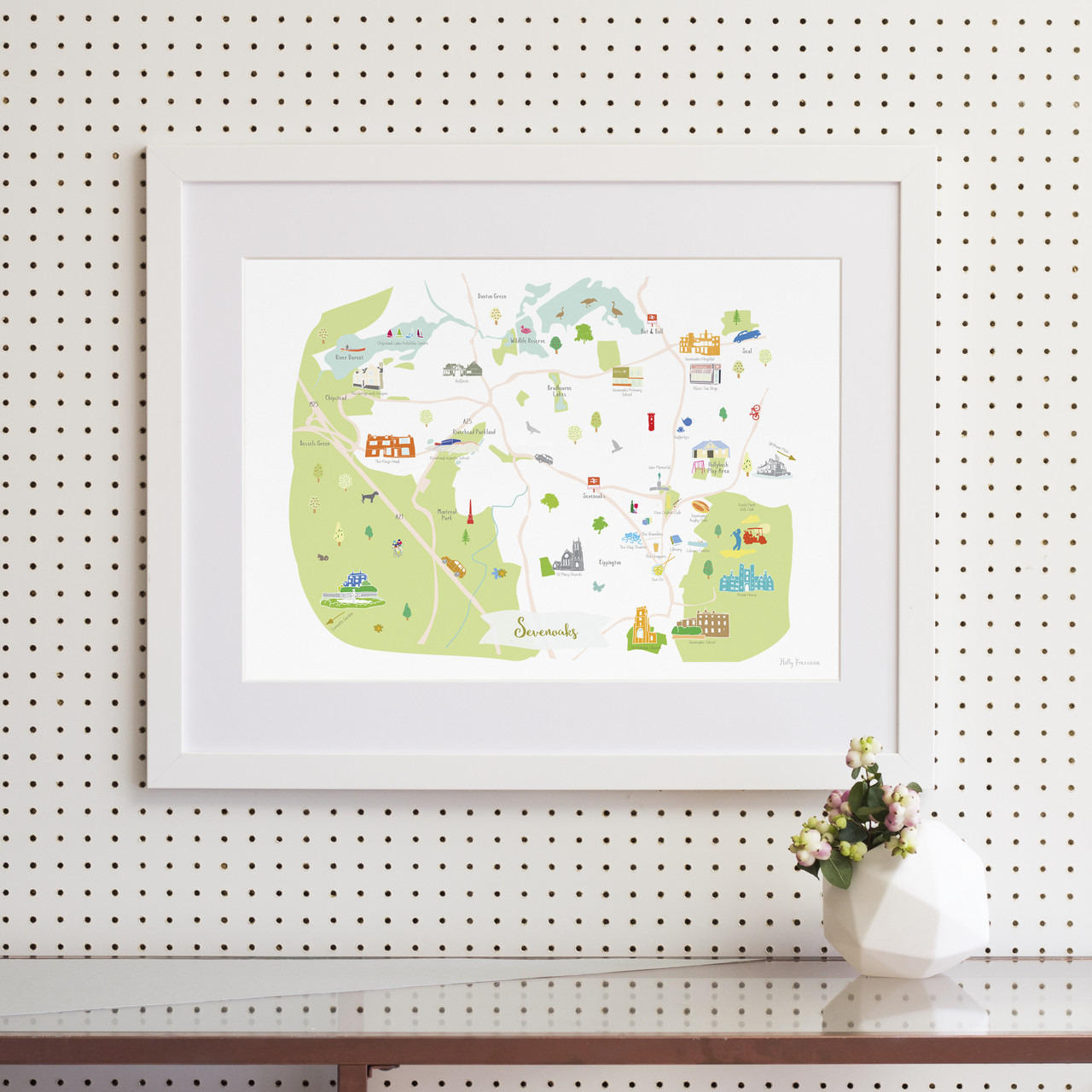 Illustrated hand drawn Map of Sevenoaks by UK artist Holly Francesca.