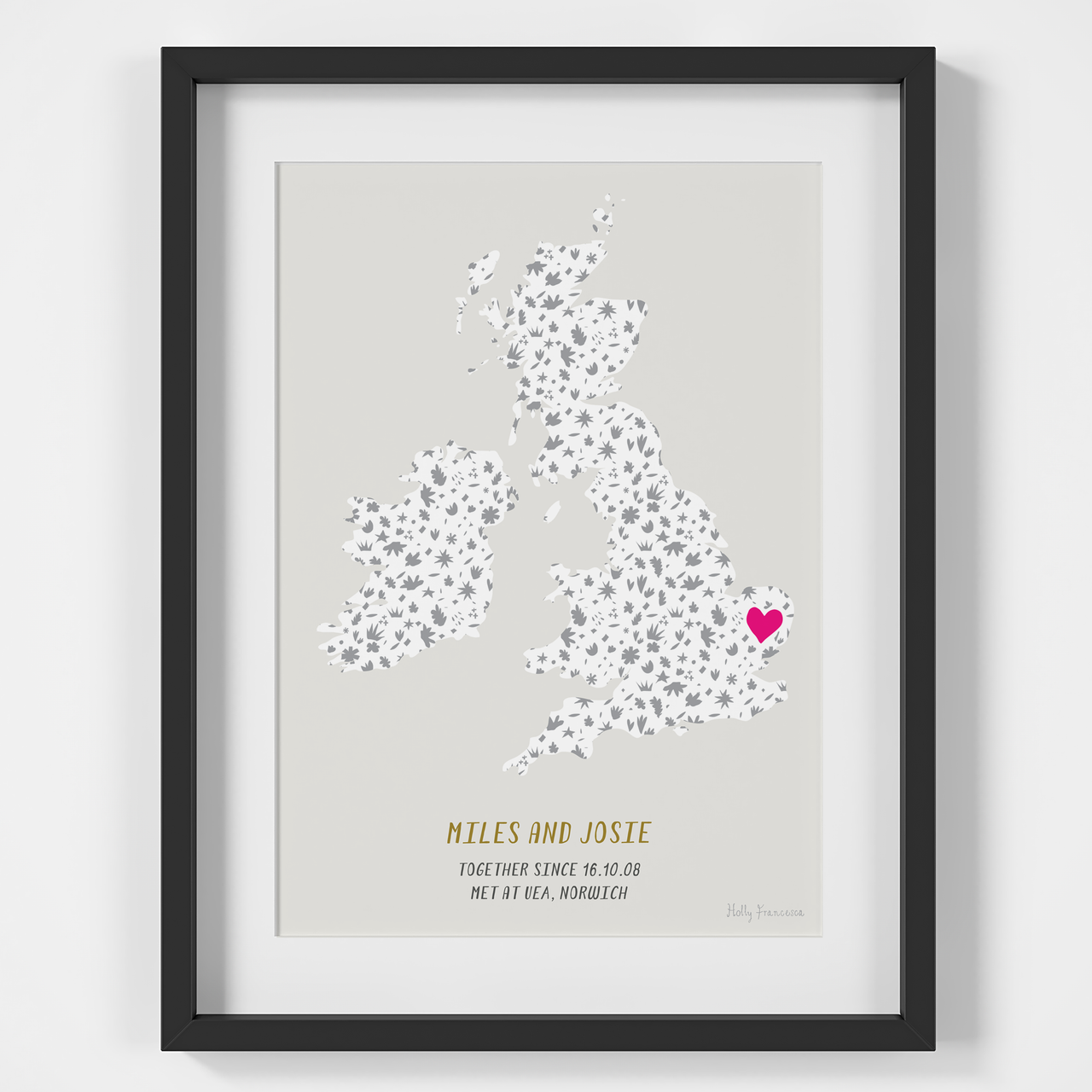 Personalised Couples Love Map Print by artist Holly Francesca.