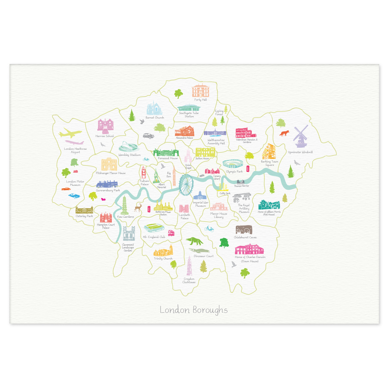 Illustrated hand drawn Map of the London Boroughs art print by artist ...