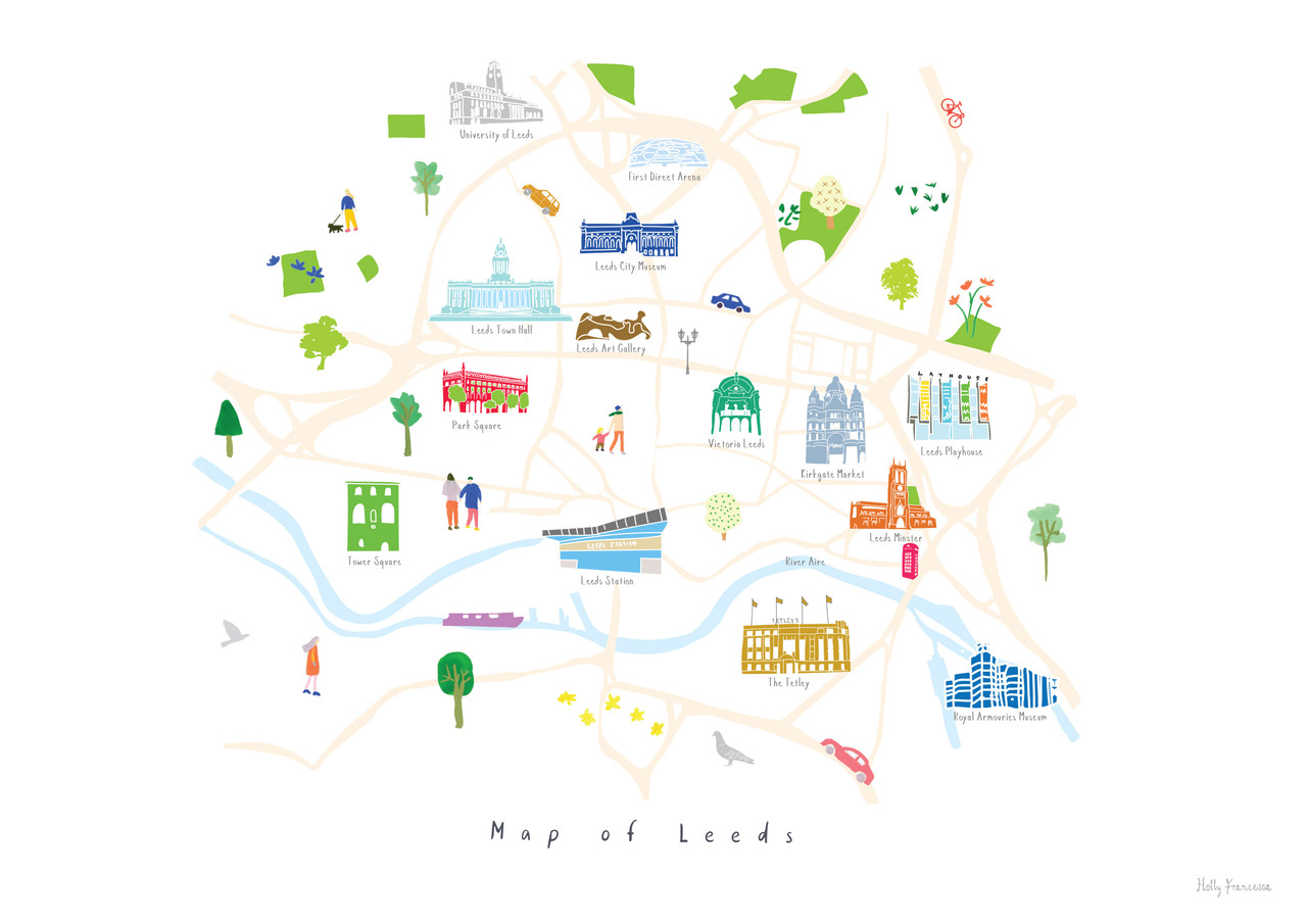 Illustrated Map of Leeds City Centre Art Print by artist Holly Francesca.
