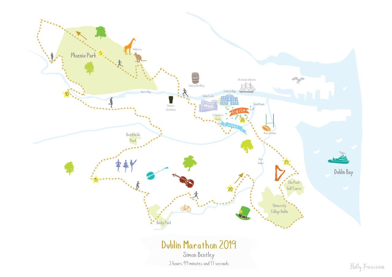 Illustrated hand drawn Dublin Marathon Route Map art print by artist ...