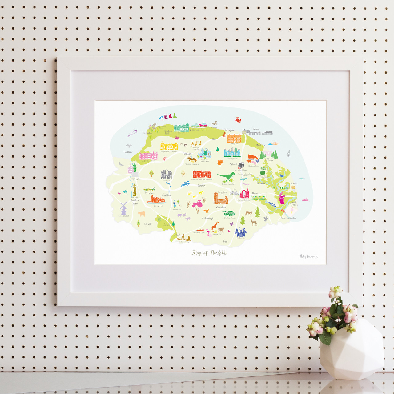 Illustrated hand drawn Map of Norfolk by UK artist Holly Francesca.