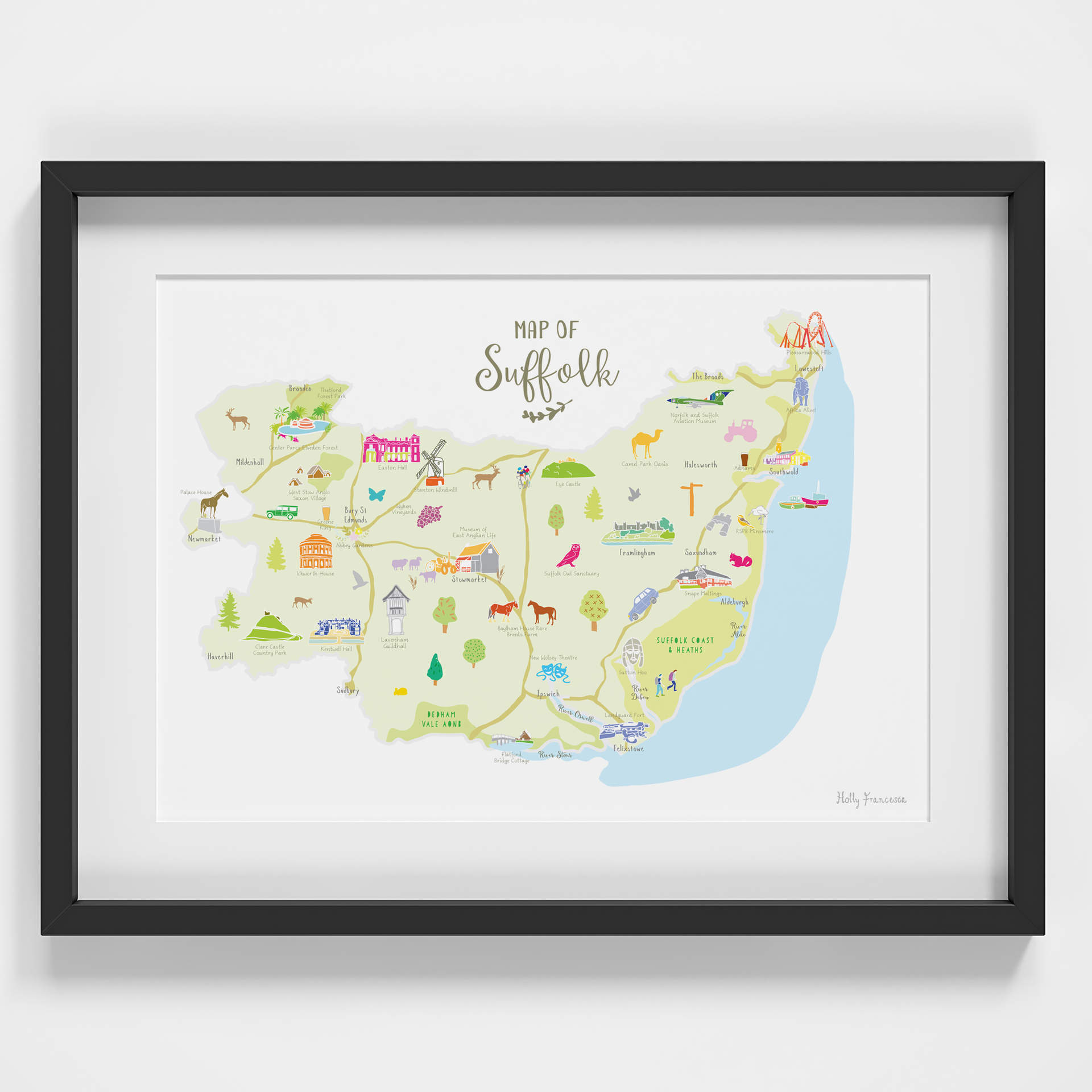 Illustrated hand drawn Map of Norfolk by UK artist Holly Francesca.
