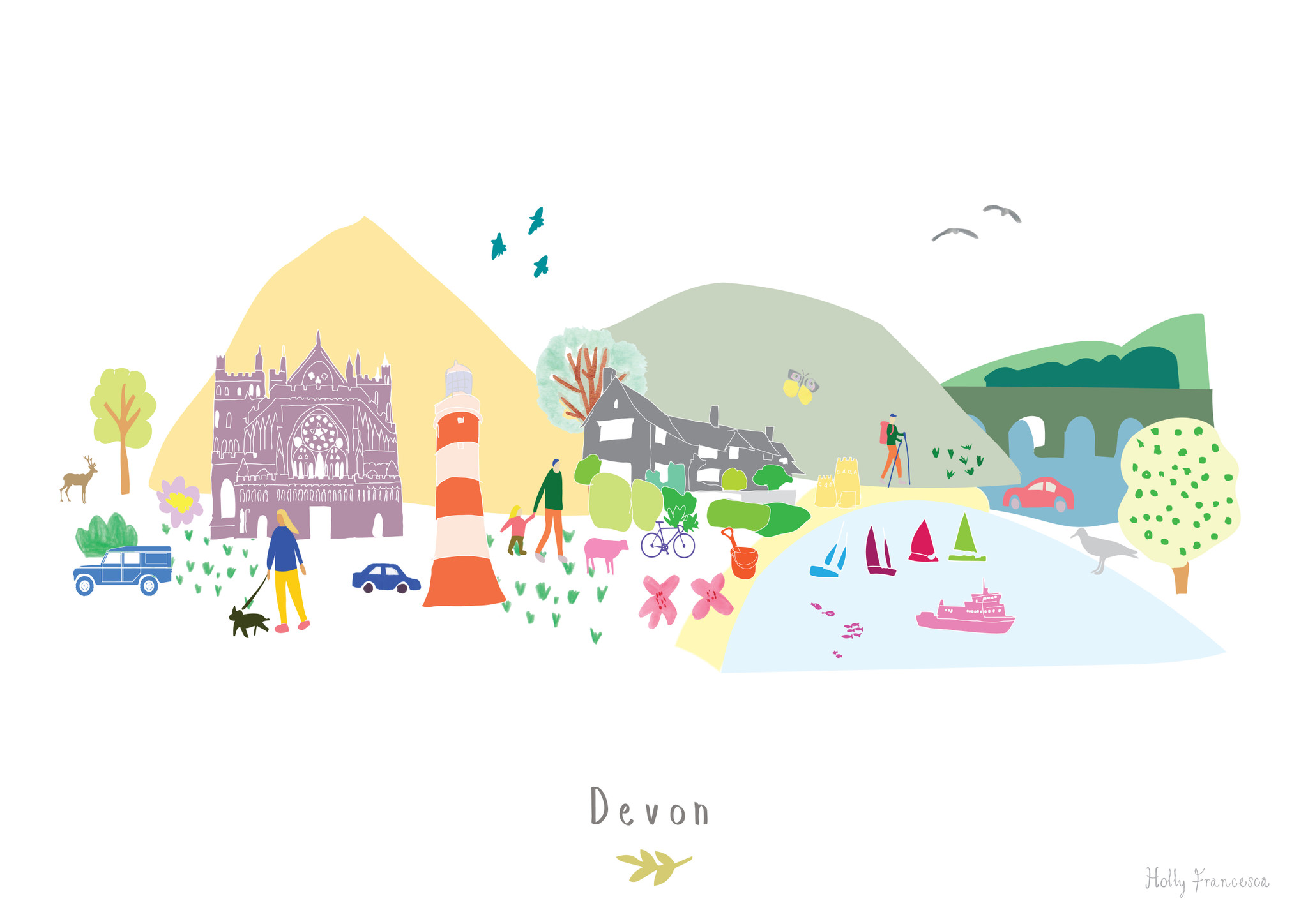 Illustrated hand drawn Devon Skyline Landscape art print by artist ...