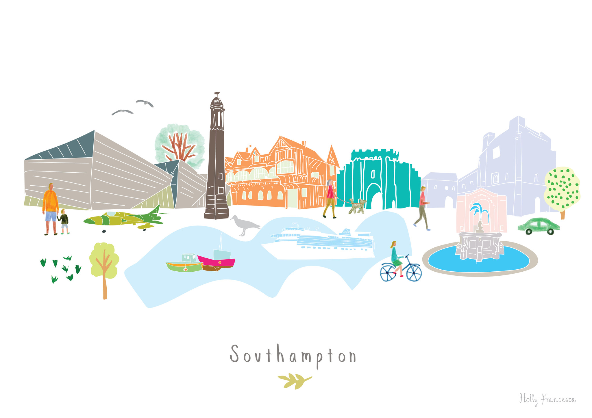 Illustrated hand drawn Southampton Skyline Cityscape art print by ...