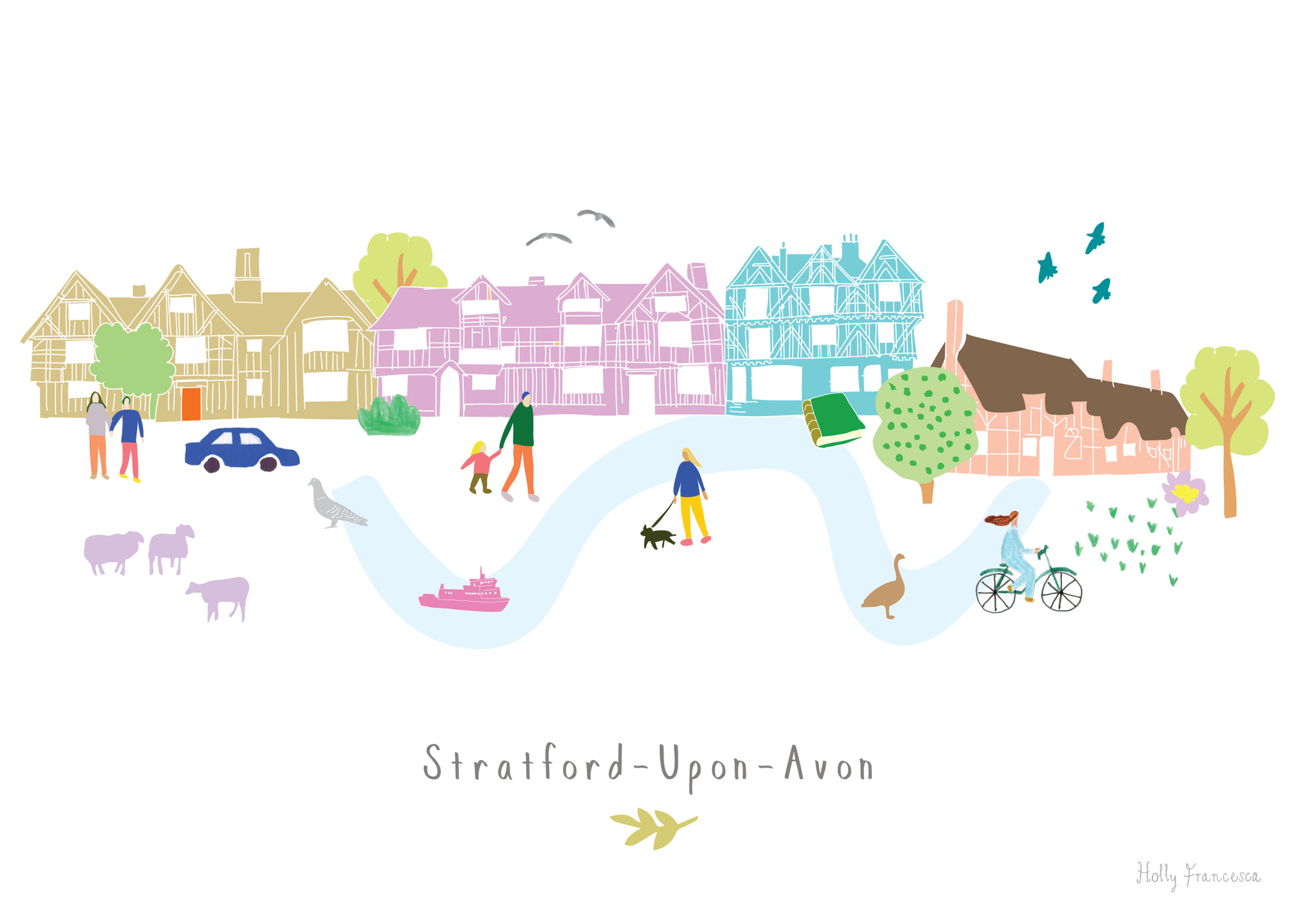 Illustrated hand drawn Stratford-Upon-Avon Skyline Cityscape art print ...