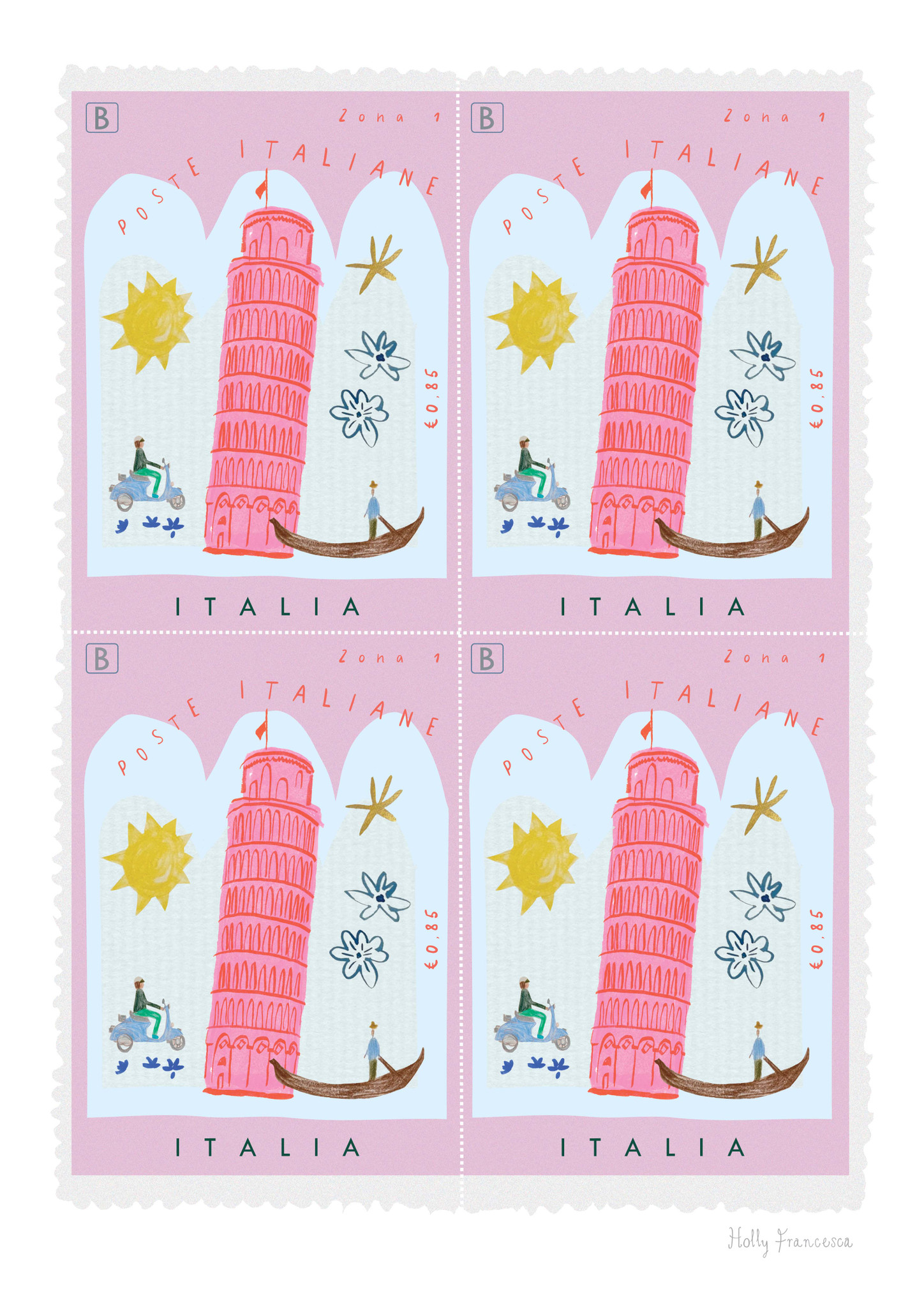Illustrated hand drawn Italy Postage Stamp Art Print by UK artist Holly ...