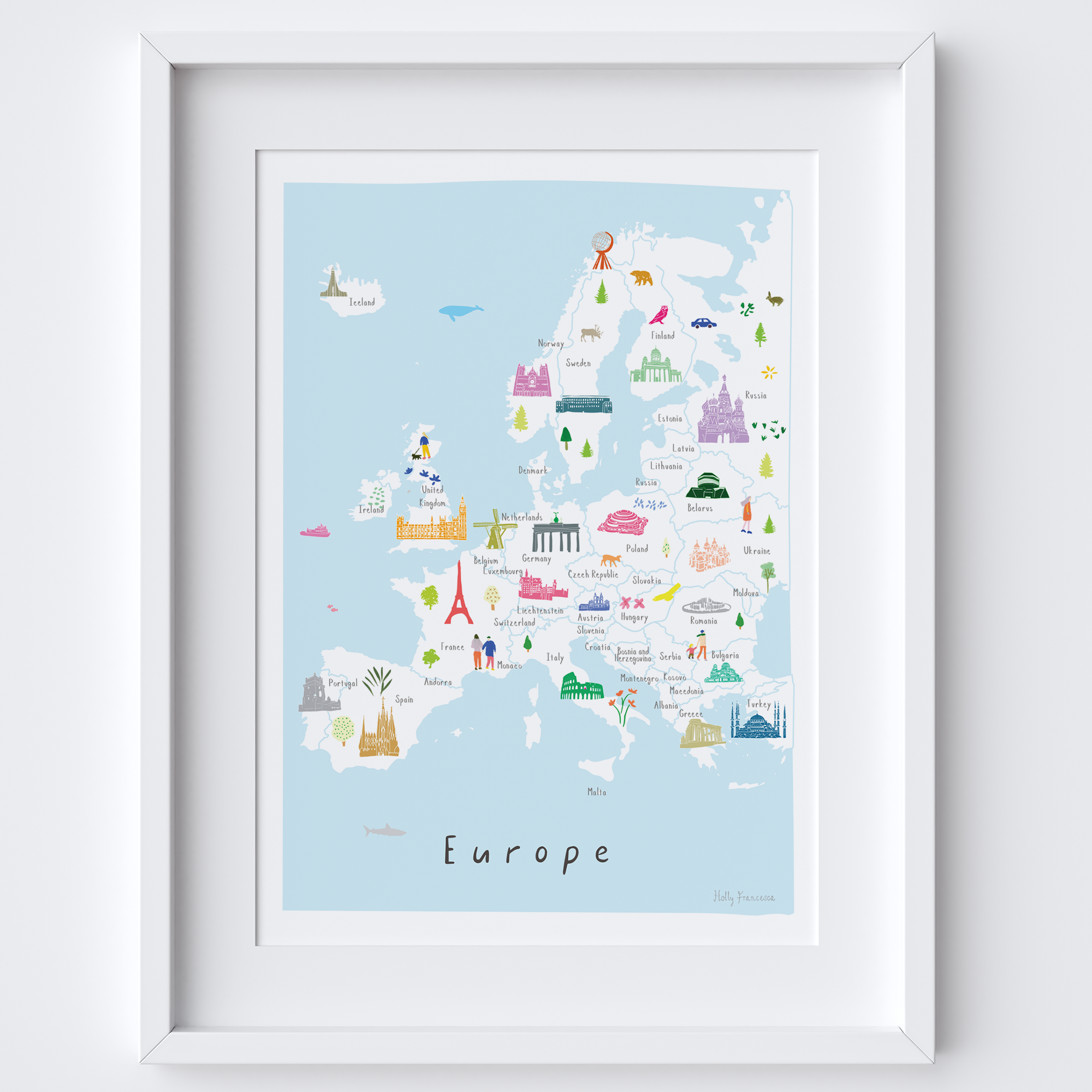 Illustrated hand drawn Map of Europe art print by artist Holly Francesca.