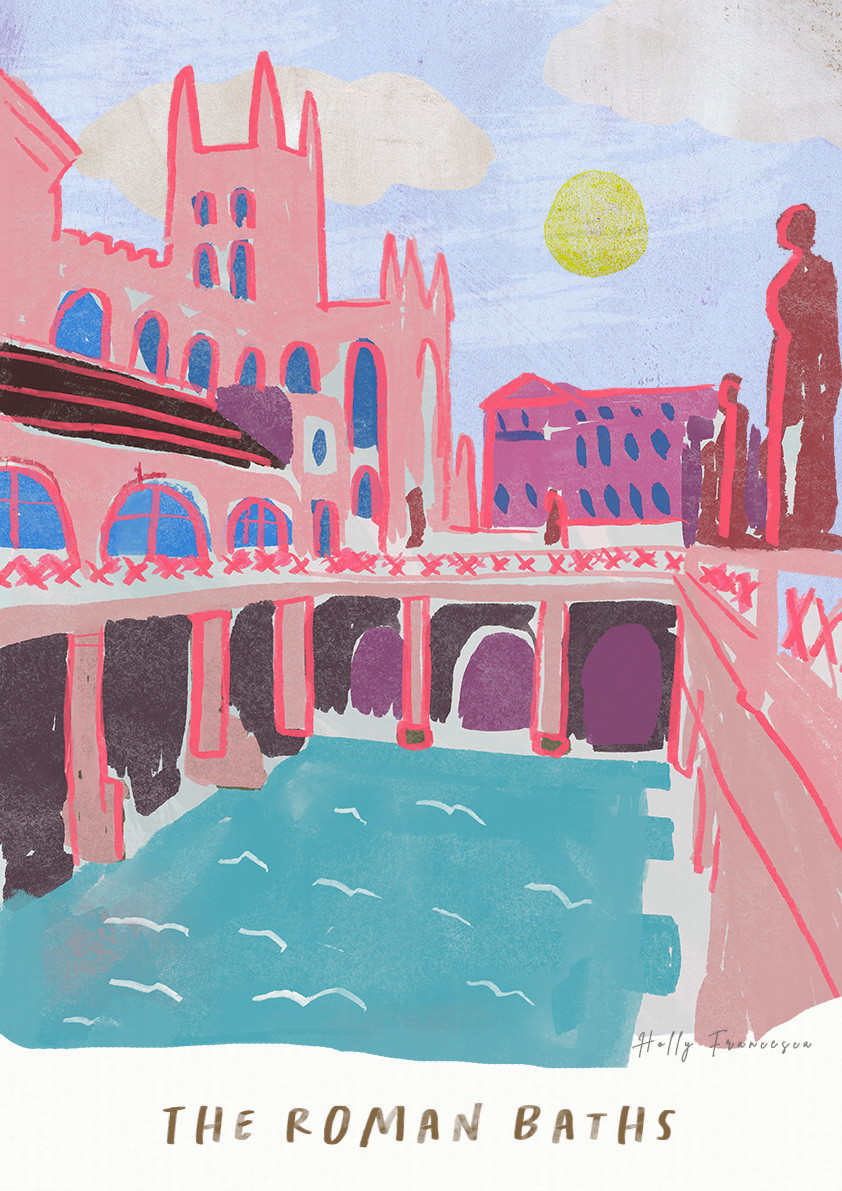 This travel poster of The Roman Baths in Bath, England was created from ...