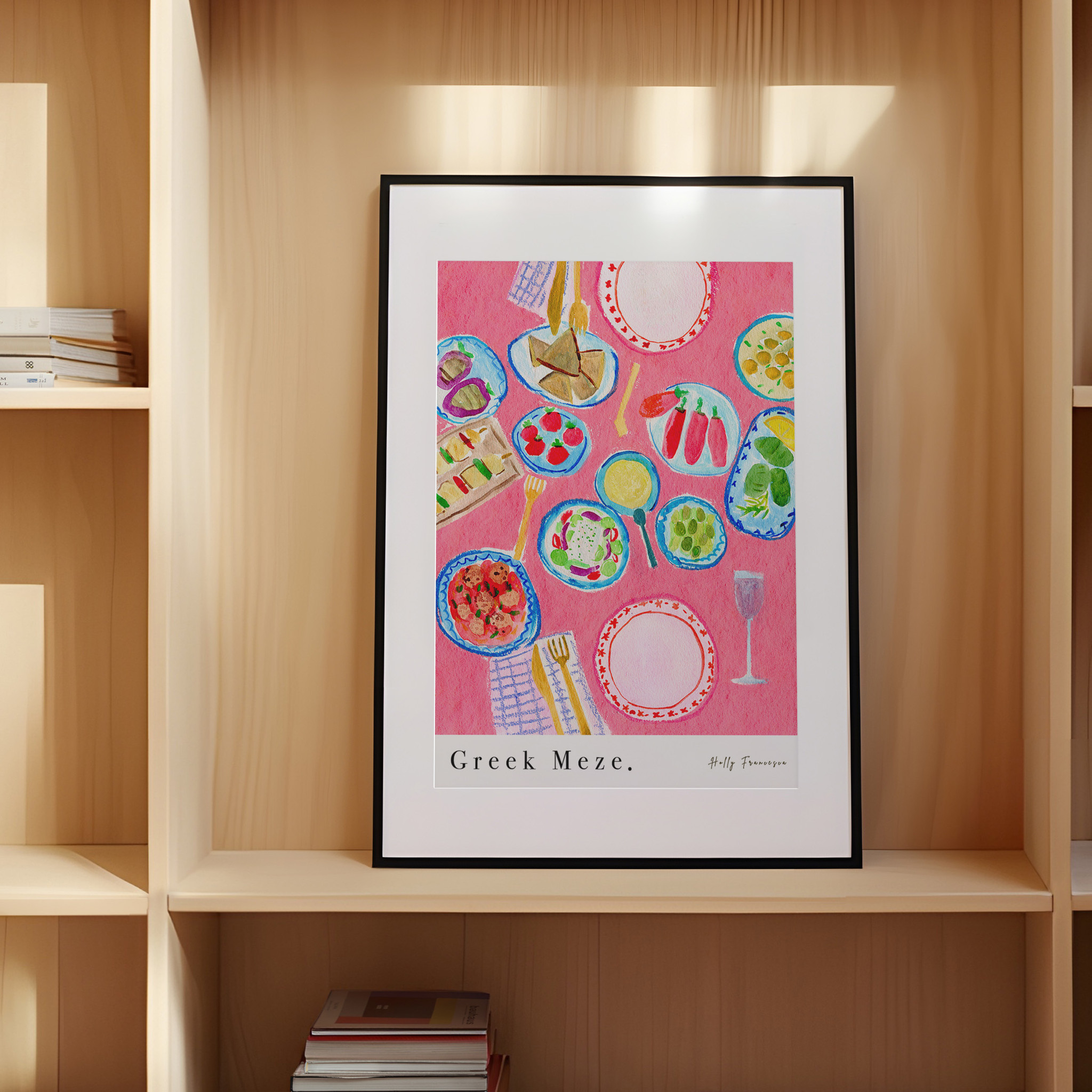 Greek Meze Table Scene Art Print - Watercolour Pastel Poster by artist ...