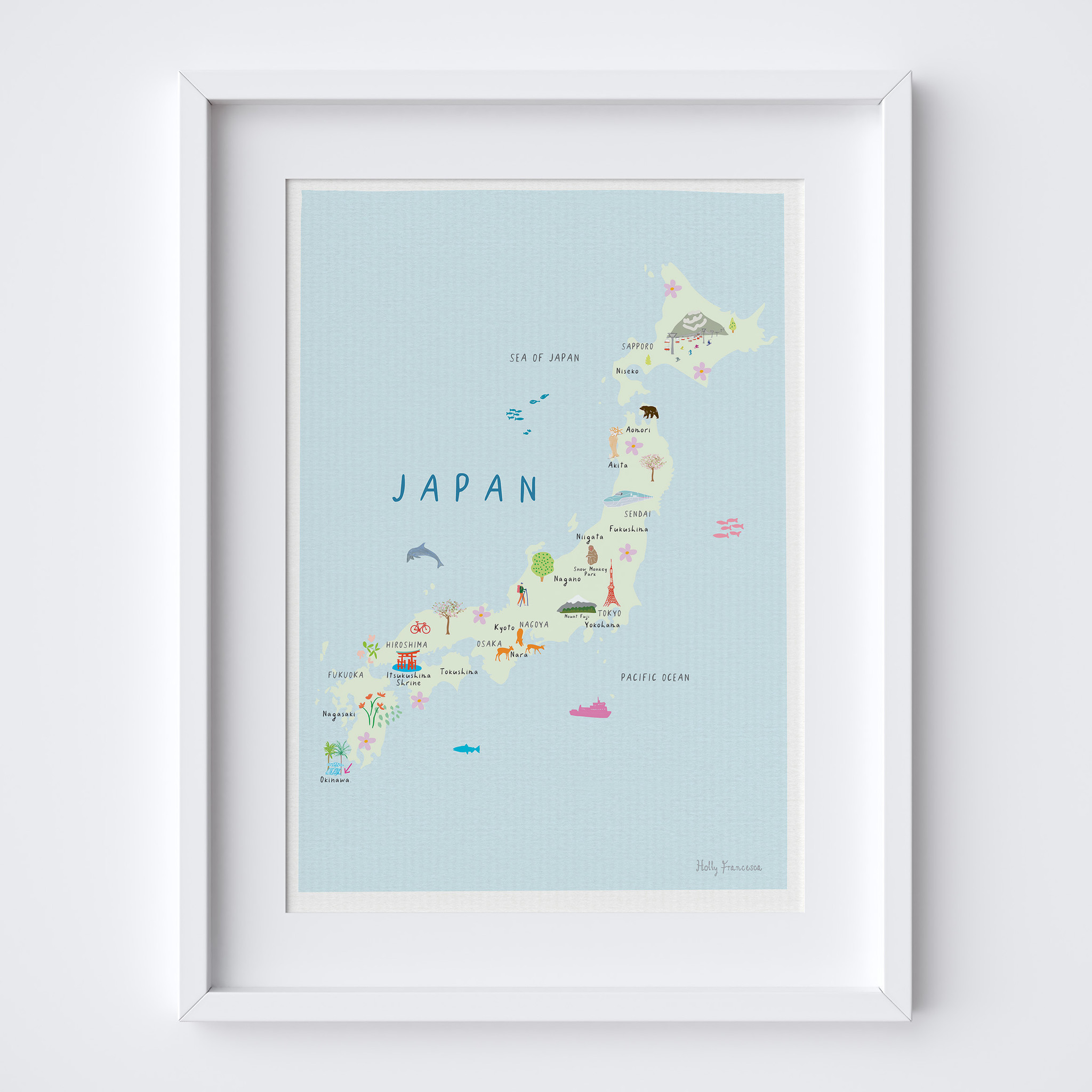 Illustrated hand drawn Map of Japan by UK artist Holly Francesca.