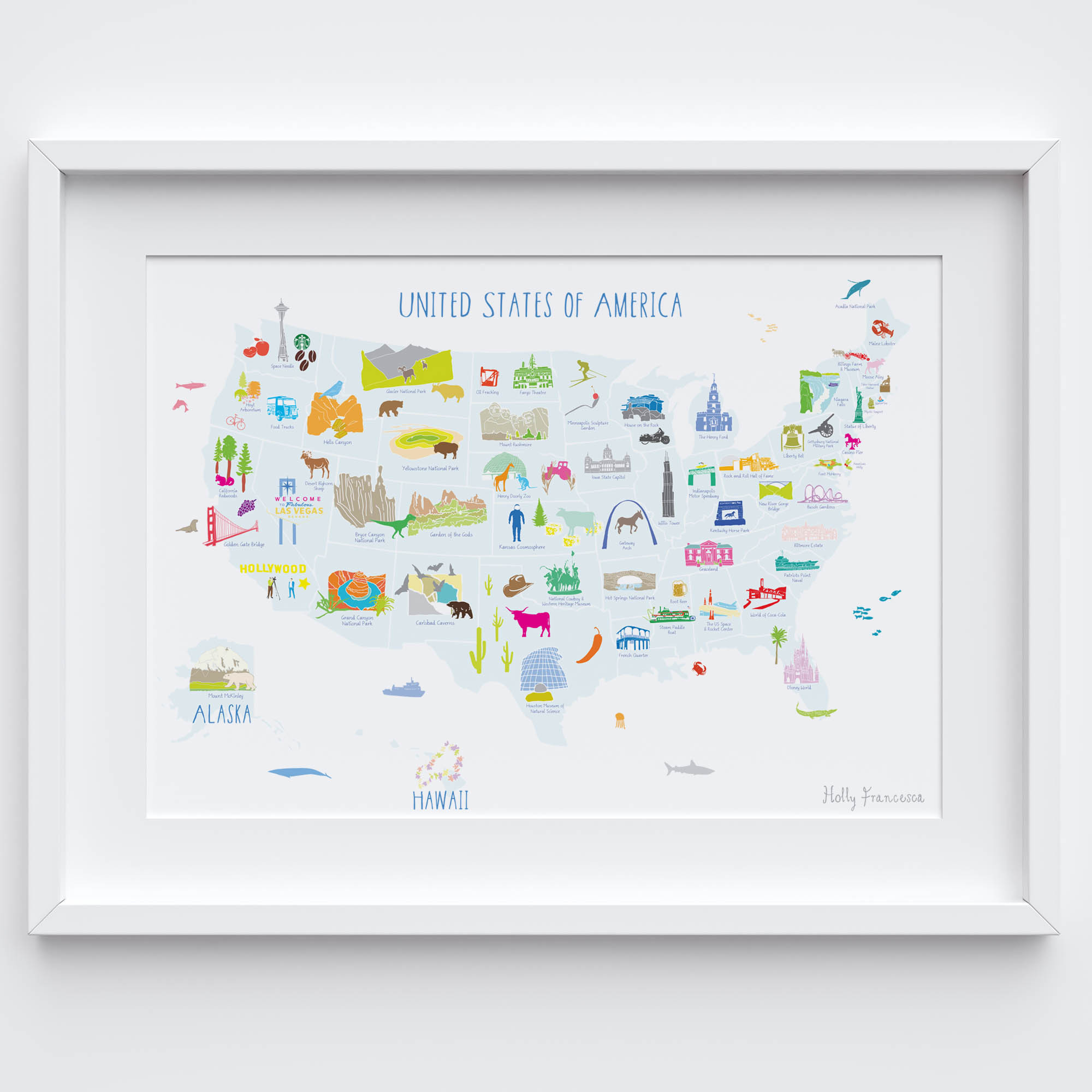 Illustrated hand drawn Map of USA States art print by artist Holly ...