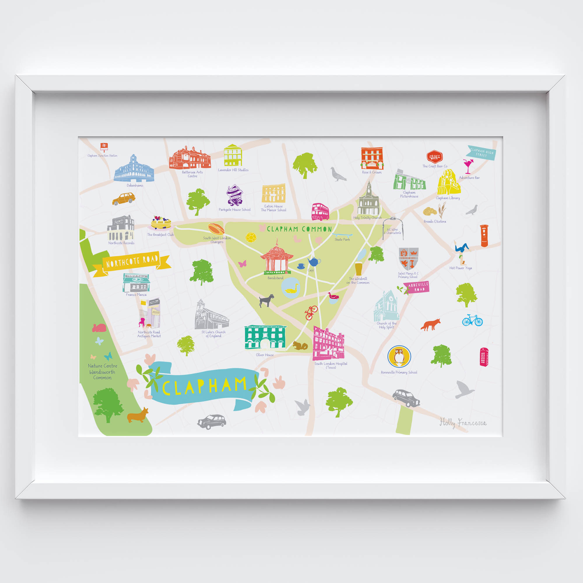 Illustrated hand drawn Map of Clapham art print by artist Holly Francesca.
